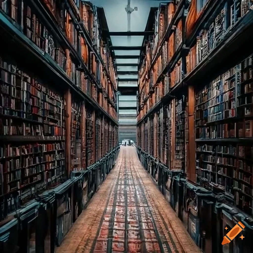 Infinite library with endless bookcases and aisleway view on Craiyon