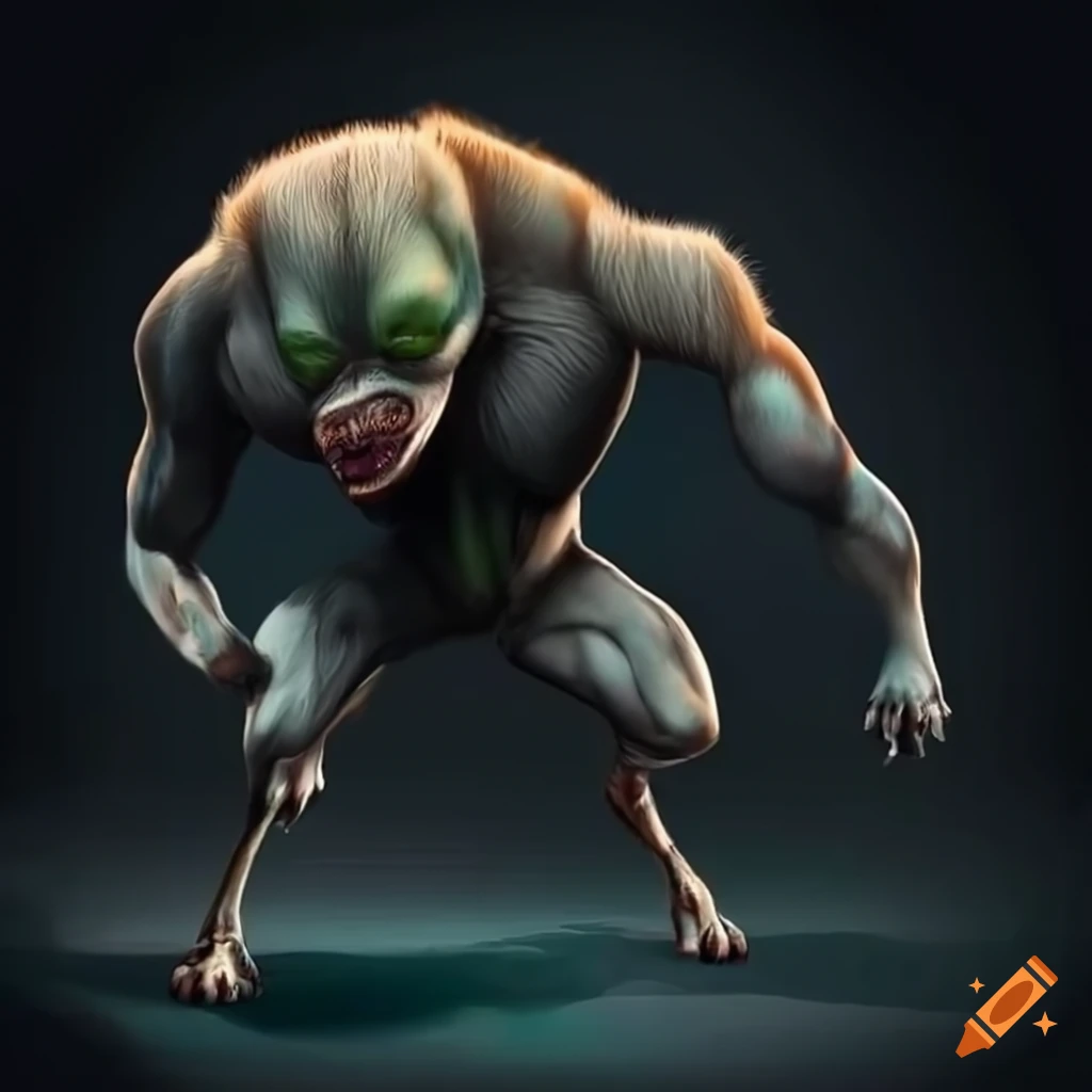 Muscular furry alien humanoid dog with green eyes and black fur on Craiyon