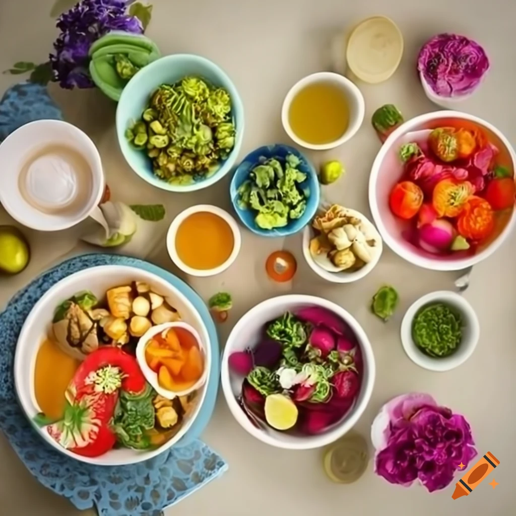 Long table with vegan healthy food and colorful dishes surrounded by ...