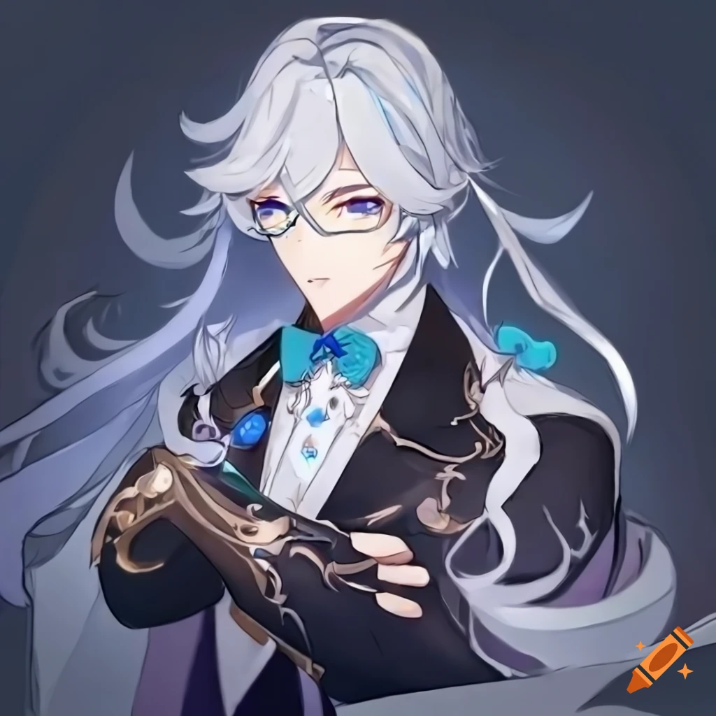 Anime genshin impact fantasy male character with white hair and fangs ...