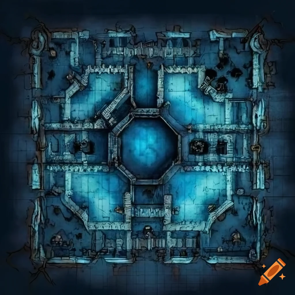 Top view dnd map of a dark castle with alternating black and blue rooms ...