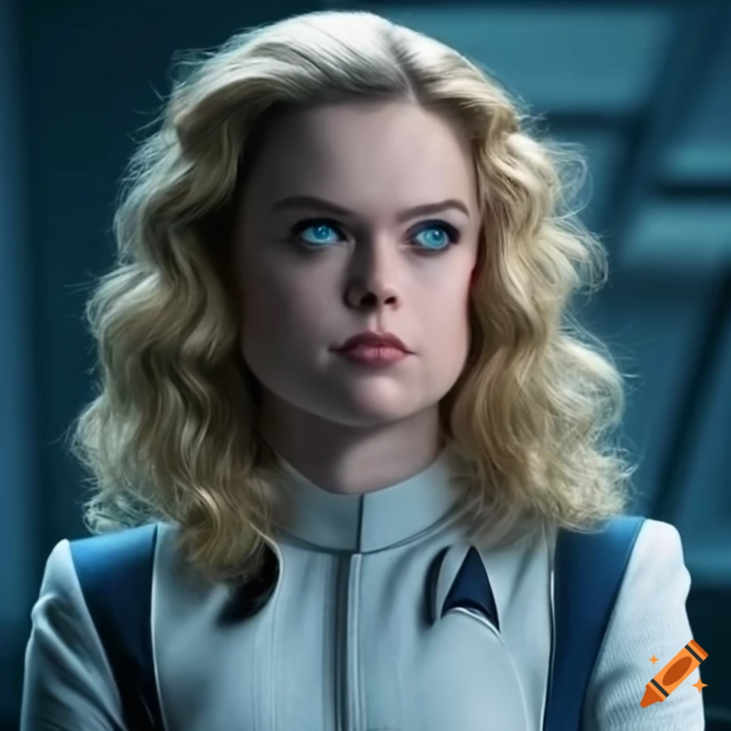 Young Alice Eve in Starfleet uniform working in the engine room on Craiyon