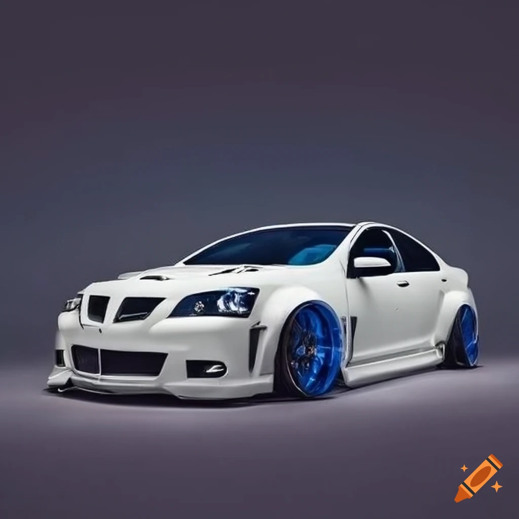 White Pontiac G8 with widebody kit and blue wheels on Craiyon