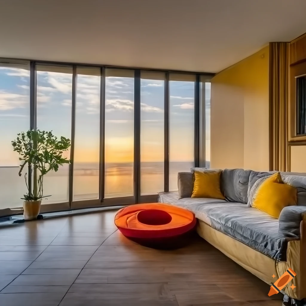 Room with flower-shaped sofa and warm sunset lighting on Craiyon
