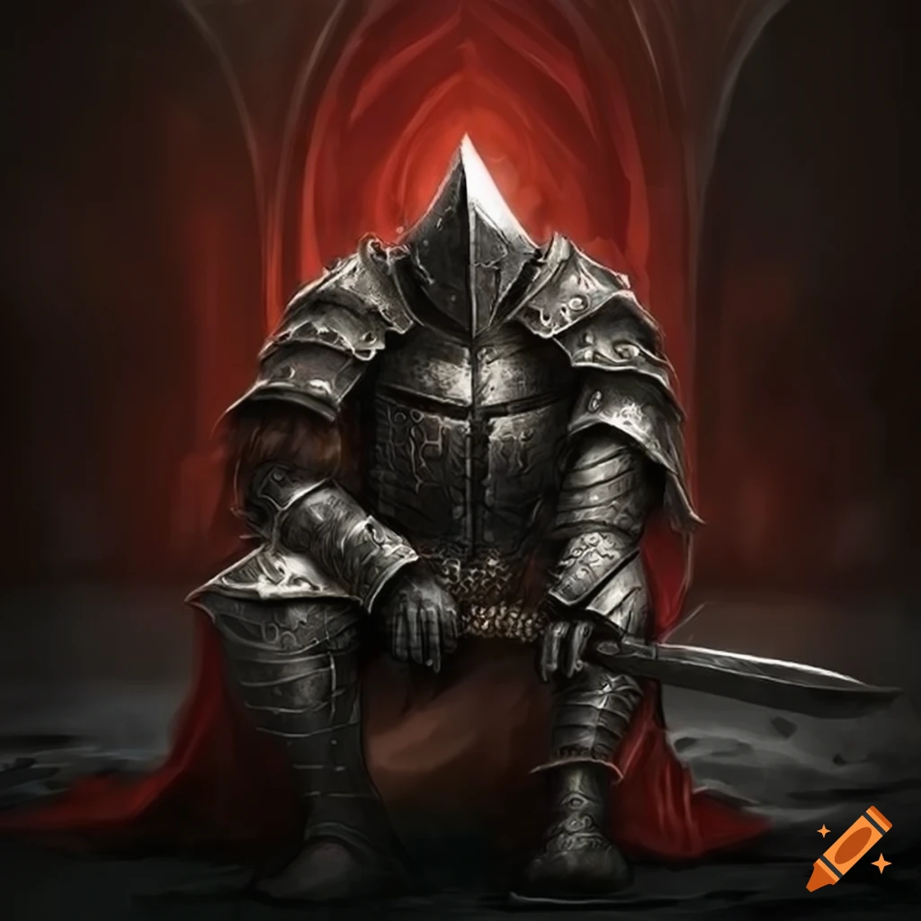 Defeated black knight kneeling with ripped cape and sword on Craiyon