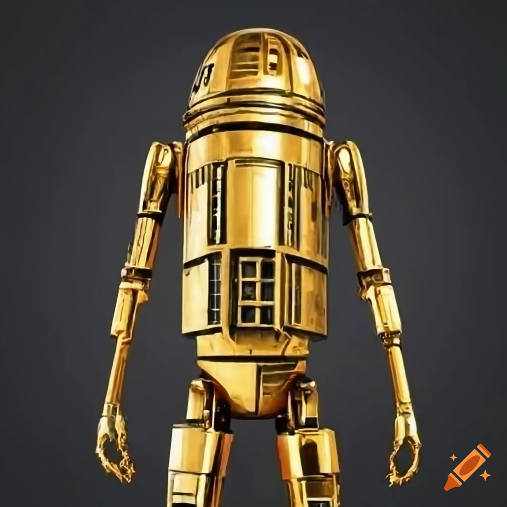 Golden droid in front of a large spaceship with a gun on Craiyon