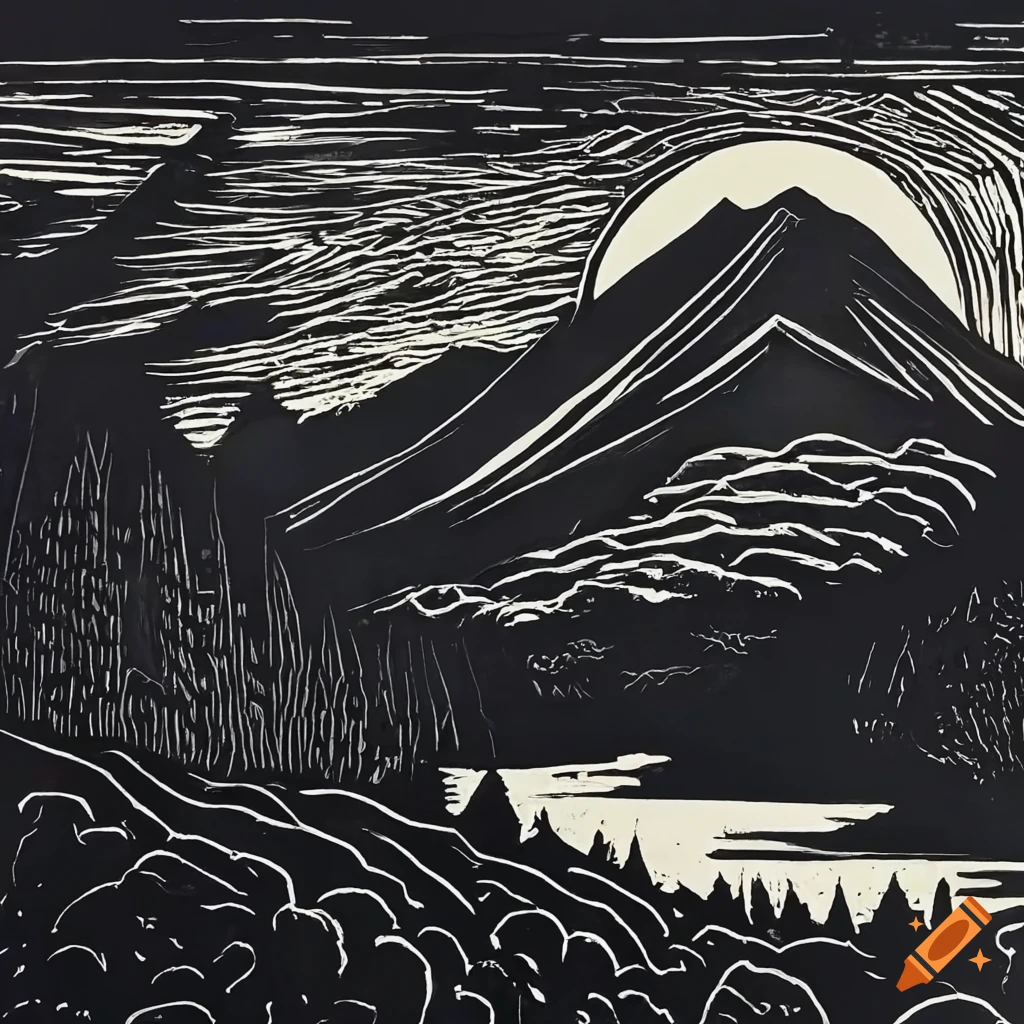 Breathtaking black and white linocut landscape on Craiyon