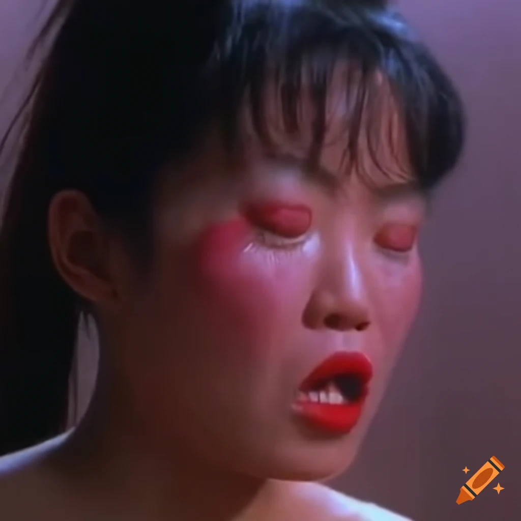 Bruised Asian Woman Fighter In A Kungfu Movie Fight Scene With A Dizzy