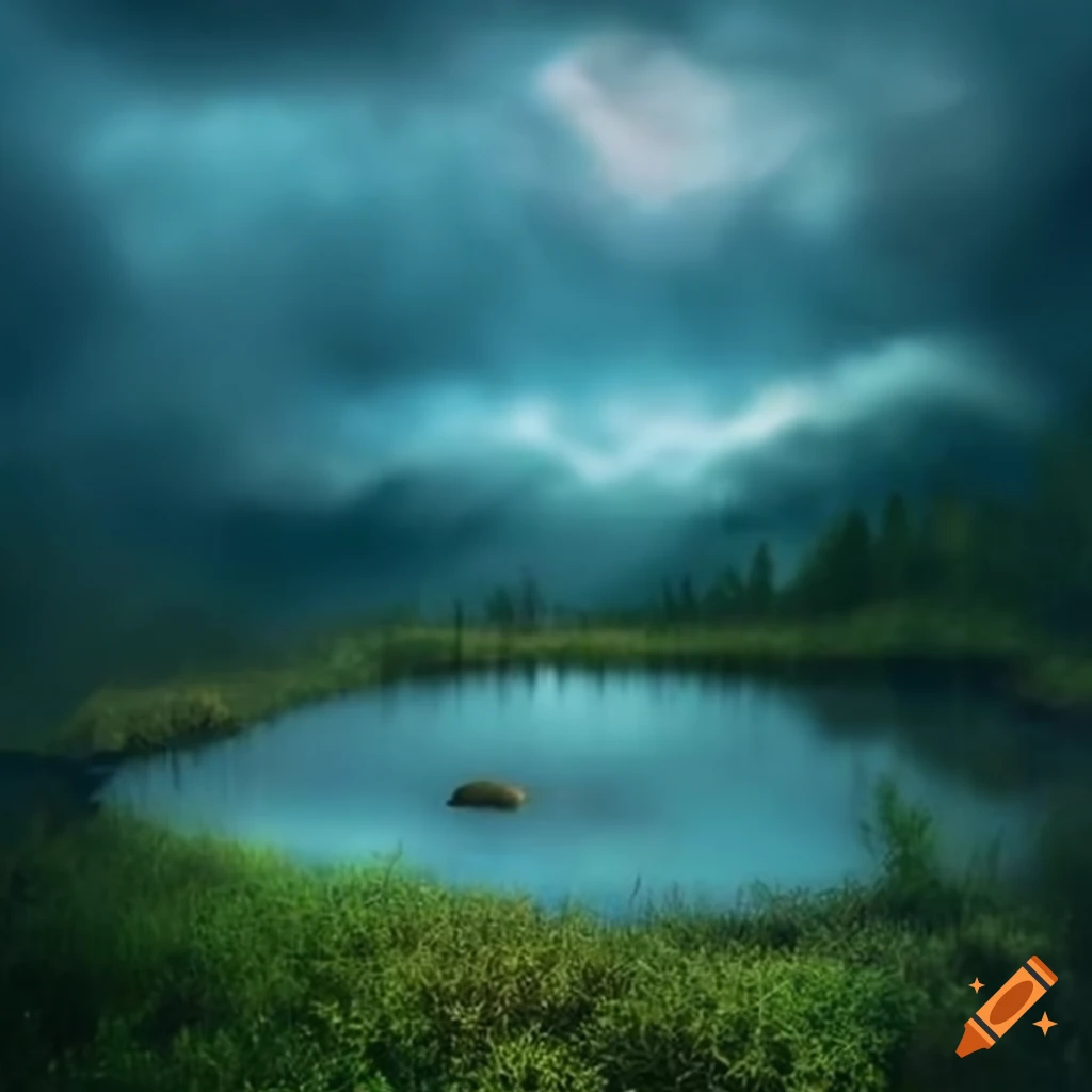 Enchanted pond on a hill in stormy weather on Craiyon
