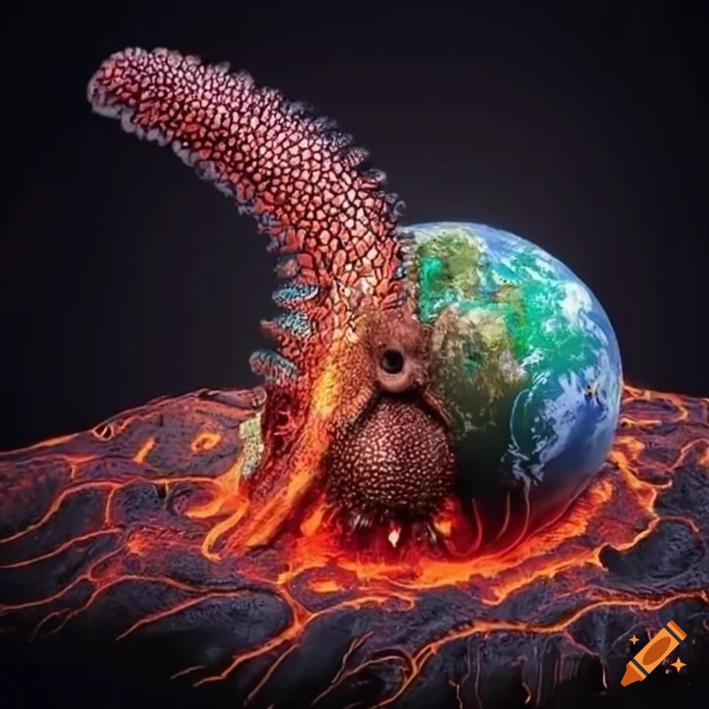 Animal in haeckel cooled lava earthscape with glitter bomb tail on Craiyon
