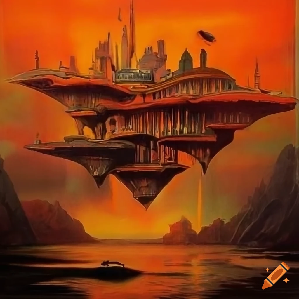 70s sci fi art by Roger Dean of a dystopian floating city in the sky on ...