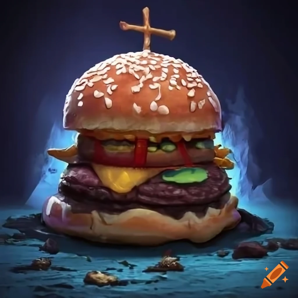 Dungeons and dragons themed gravestone shaped like a burger on Craiyon