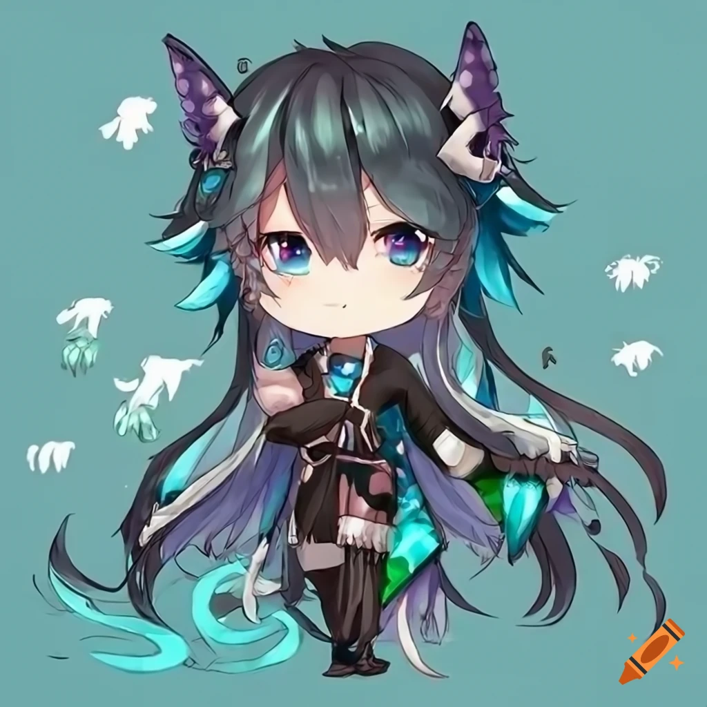 Detailed anime Chibi water demon vtuber with green eyes and long water ...