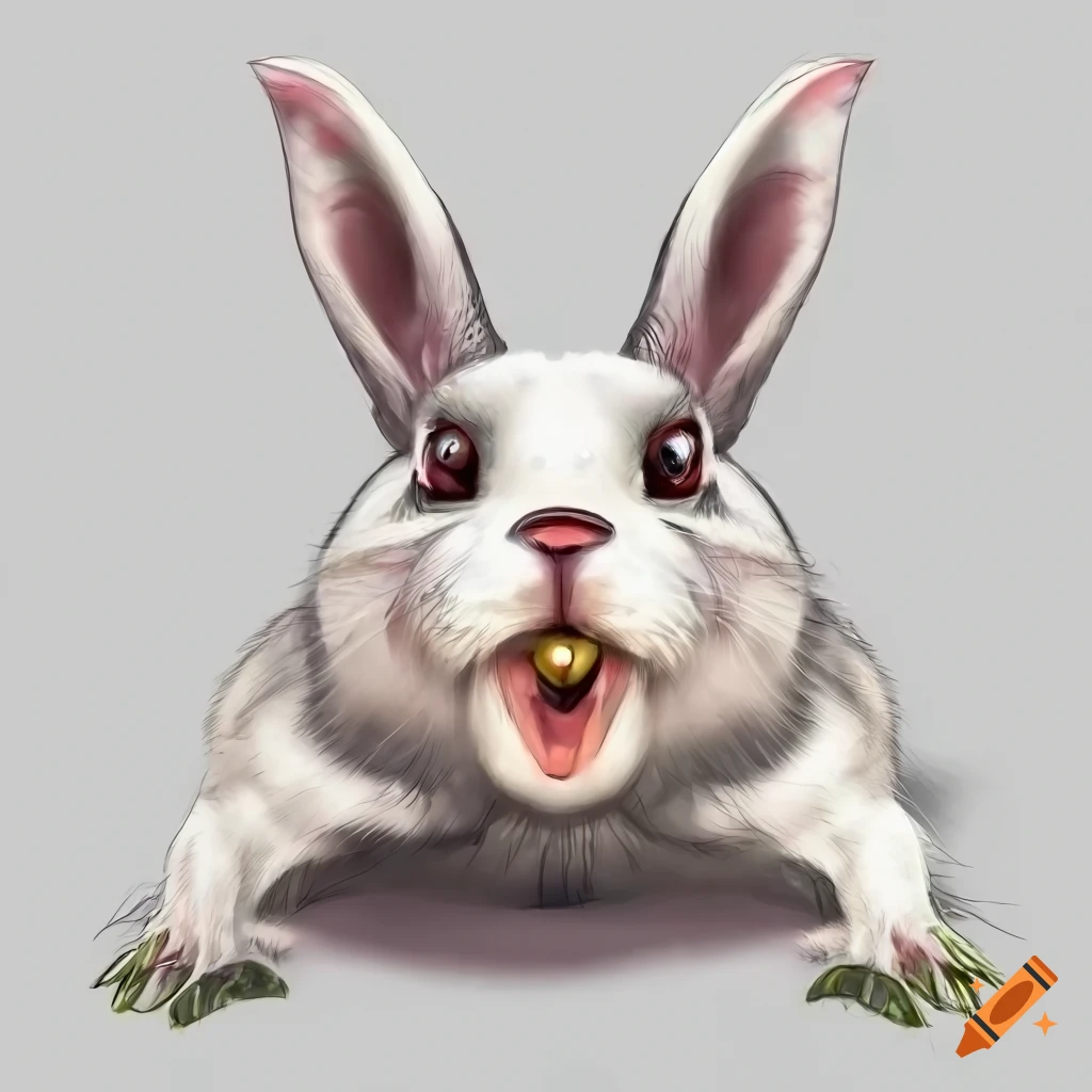 Adorable white monster rabbit with symmetrical anatomy and green leaves ...