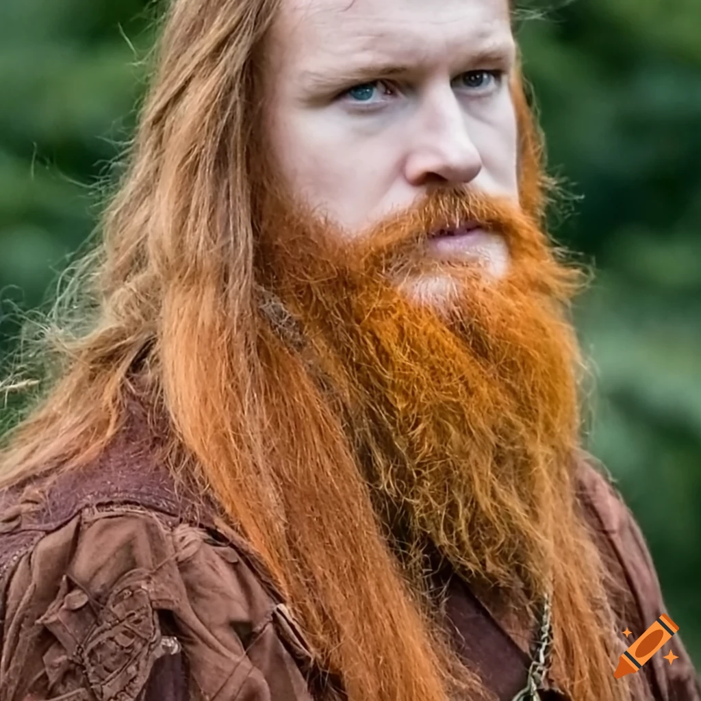Serious-looking viking with long orange hair and beard on Craiyon