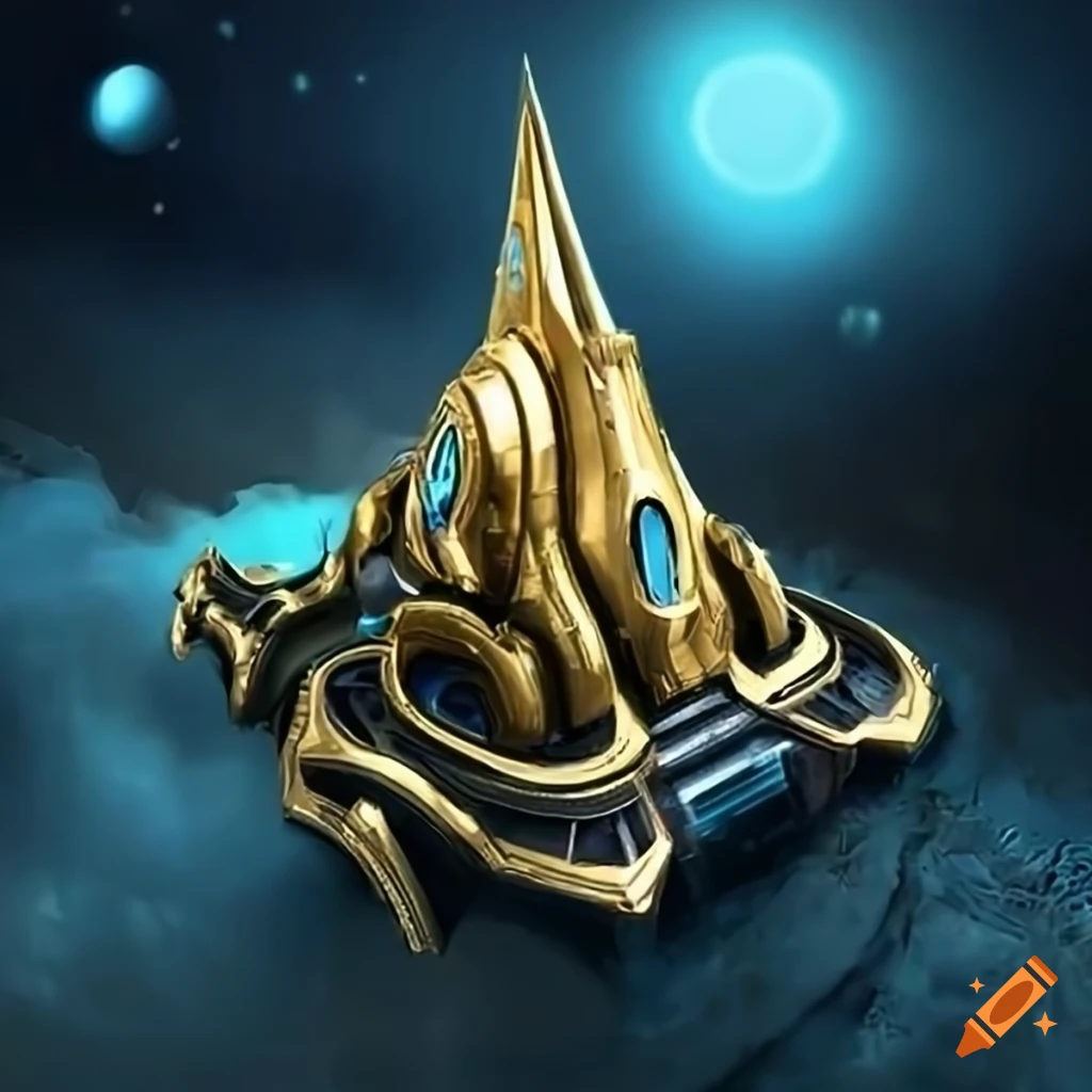Protoss golden and silver biomechanical architecture in a modern lunar ...
