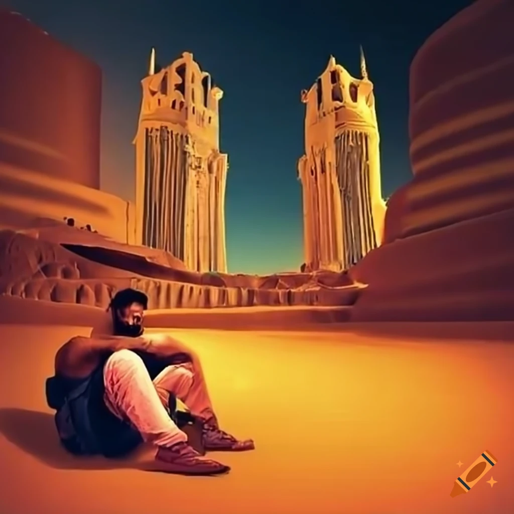 Burg khalifa and a desert with a man sitting down on Craiyon