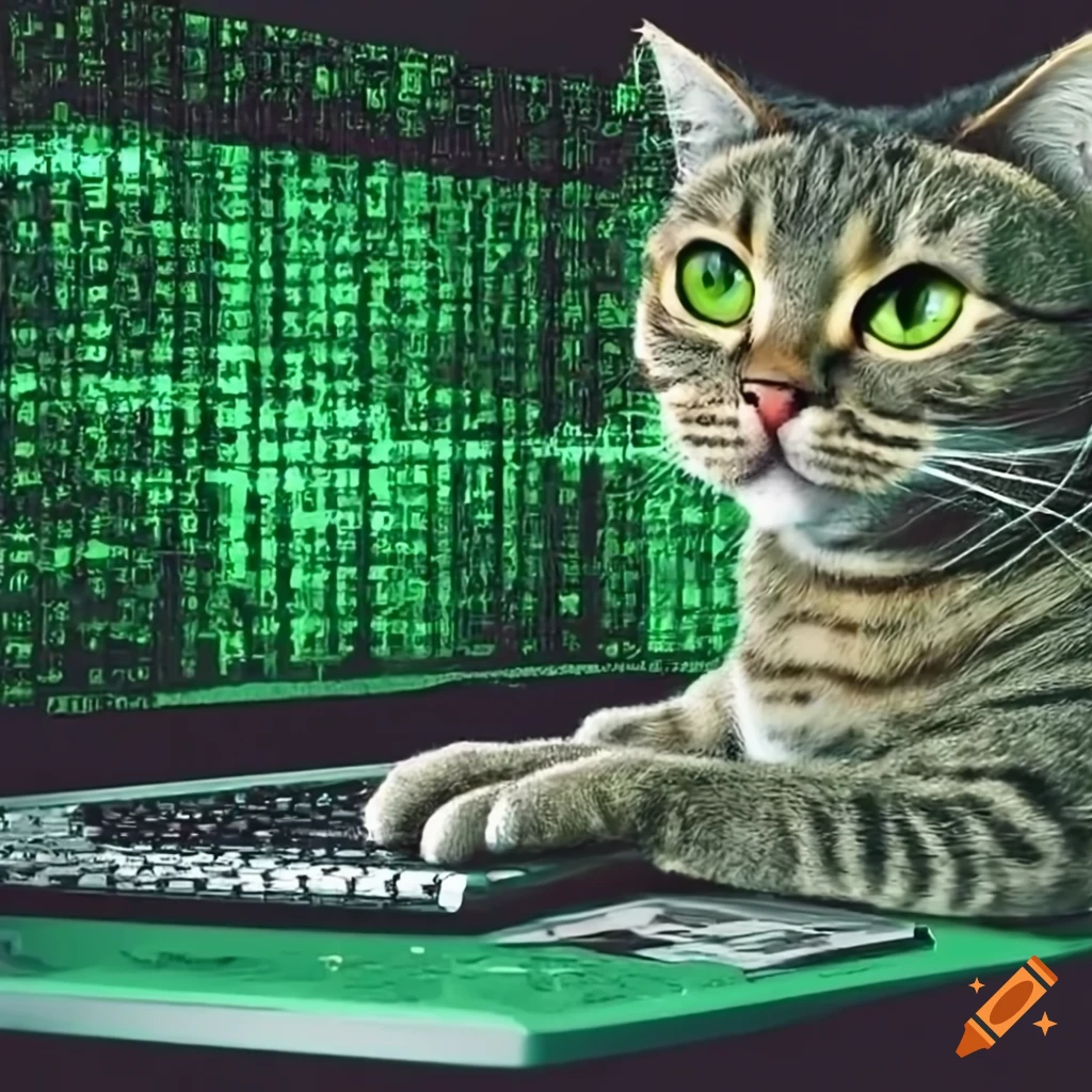 Cat using a computer with a matrix background on Craiyon