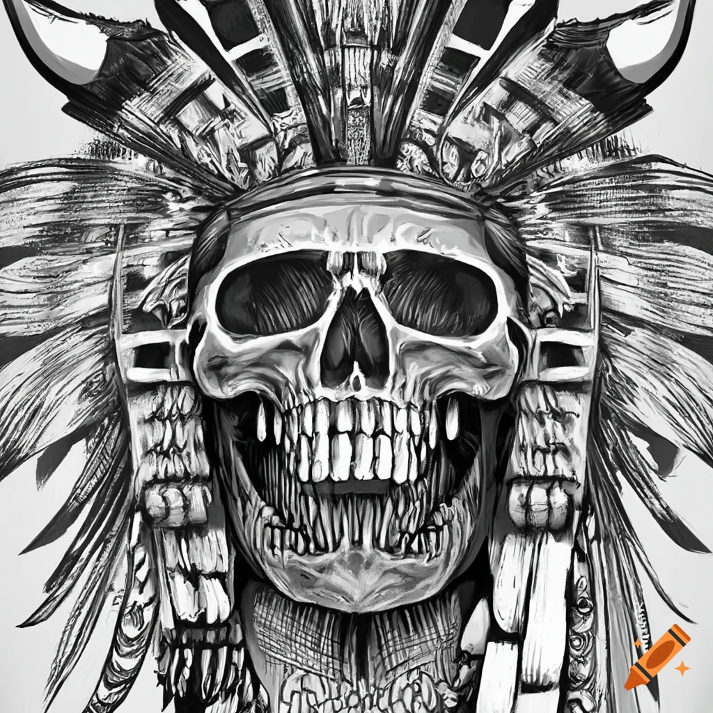 Black and white portrait of an Aztec skull warrior with long horns on ...