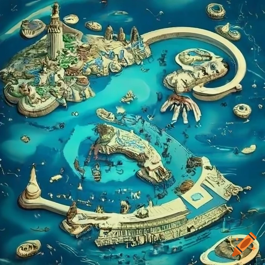 Intricately illustrated map of atlantis on Craiyon