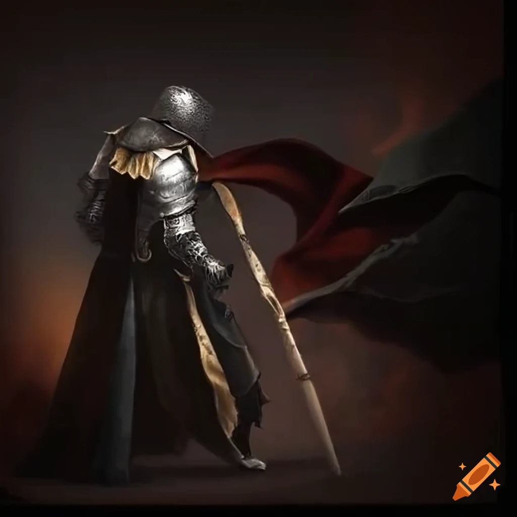 Defeated black knight reaching up at a light on Craiyon