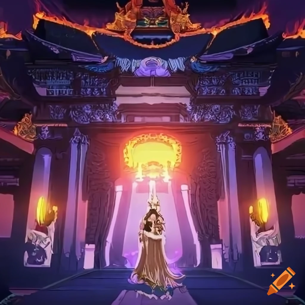 Gods and goddesses illuminating a grand temple entrance in anime-style ...