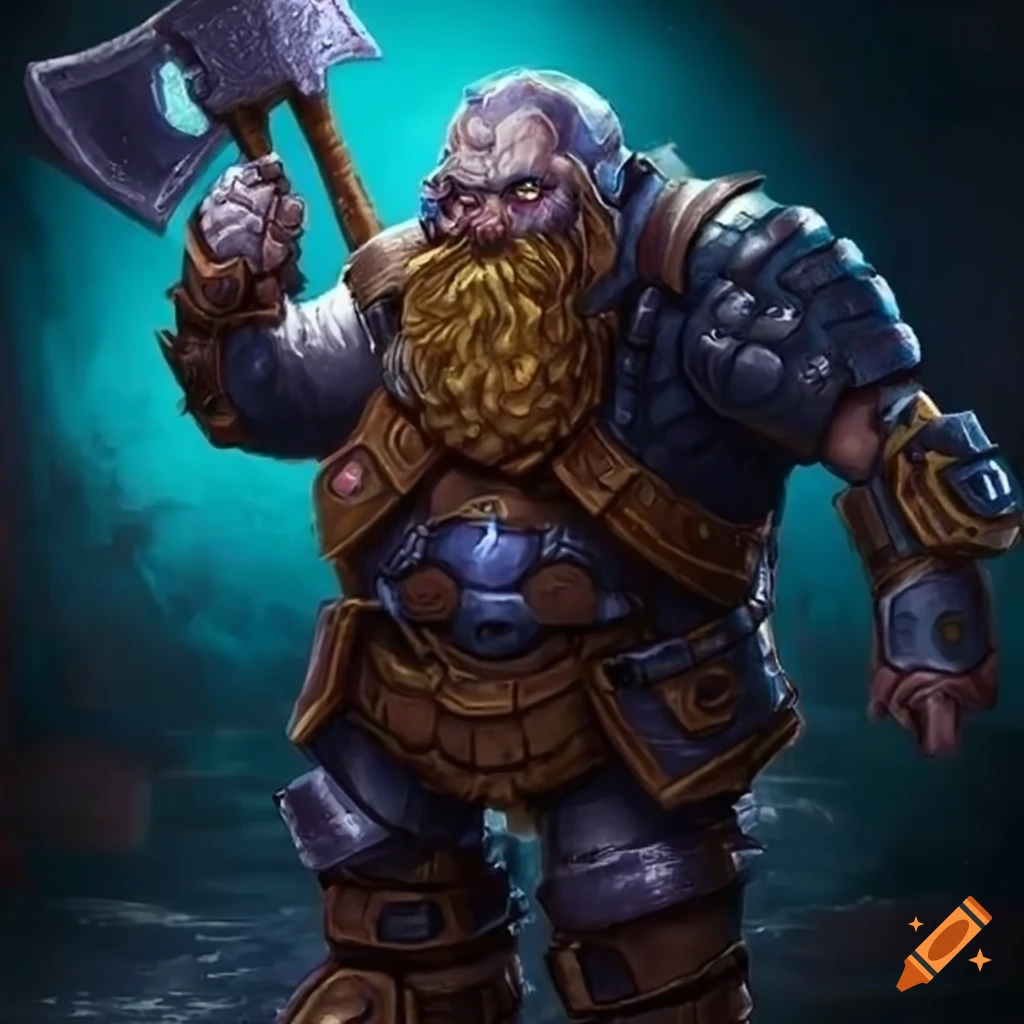 Space dwarf in mechanic armor with glowing axe on Craiyon