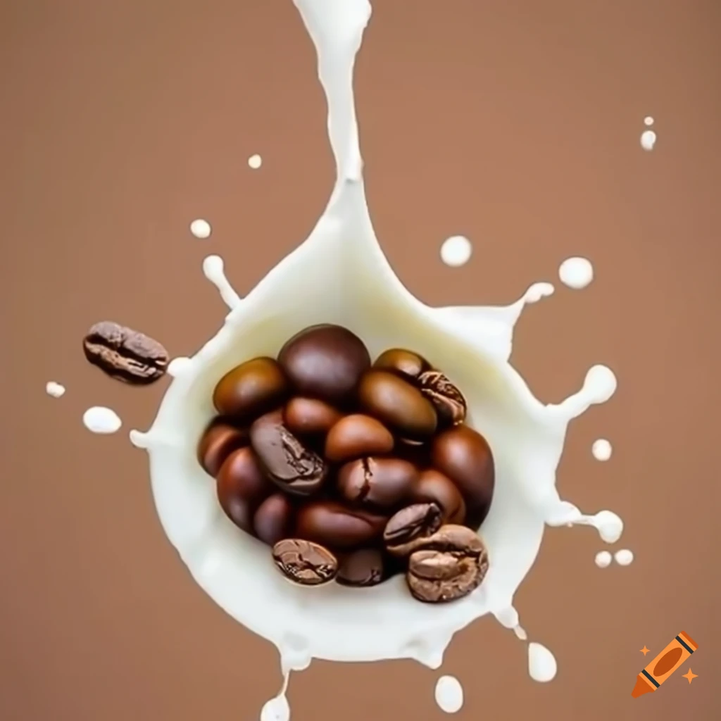 Word coffee made of exploding coffee beans and coffee and milk splashes ...