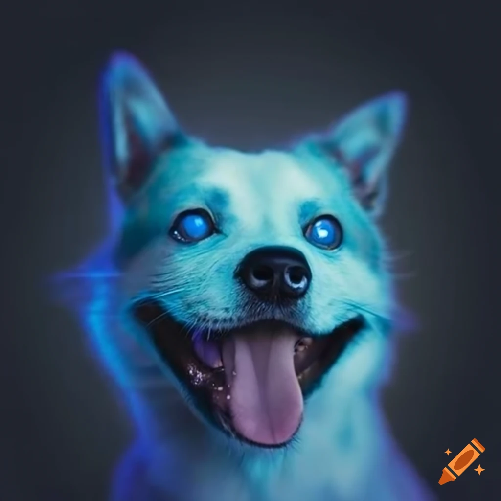 Dog with special blue glowing sparkling eyes and a smiling face on Craiyon