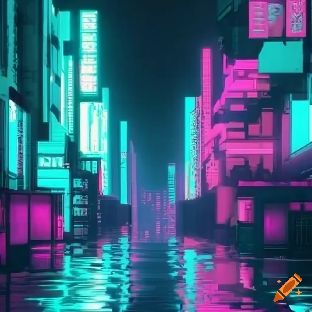 Cyberpunk city with cyan and pink neon billboard on Craiyon