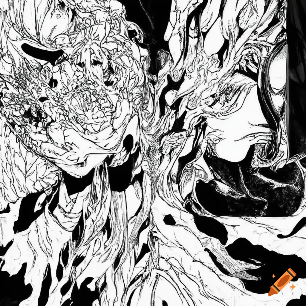 Highly detailed black and white manga panel with sharp outlines in an ...