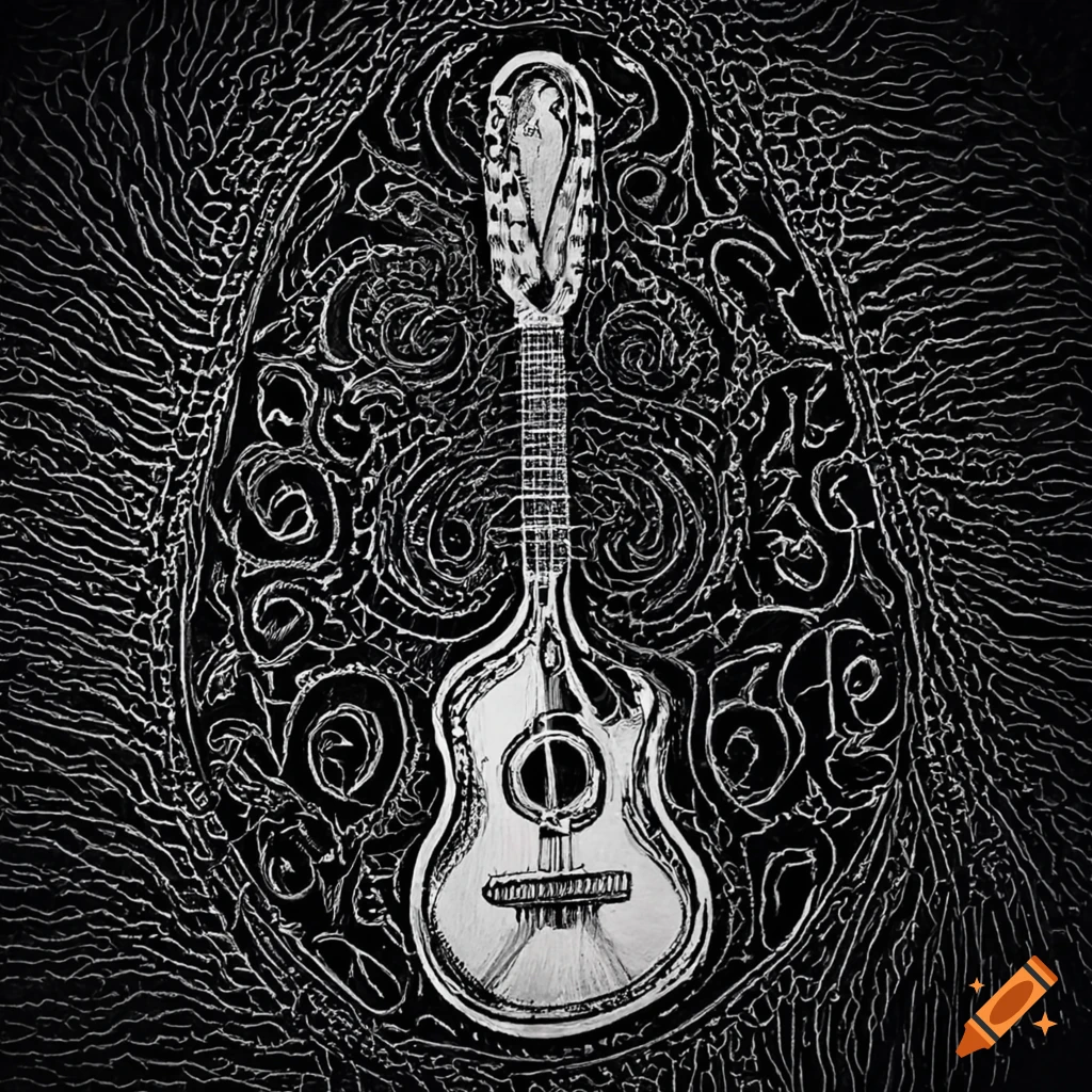 Detailed ink drawing of a heart-shaped guitar glowing from within on ...