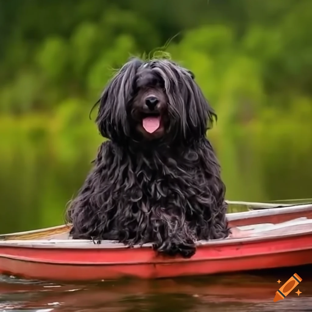 Hungarian puli on a boat with its family on a peaceful lake on Craiyon