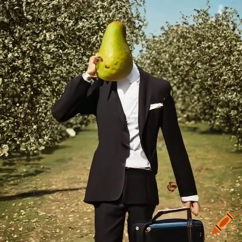 Man with a pear head in a suit and carrying a suitcase in a pear ...