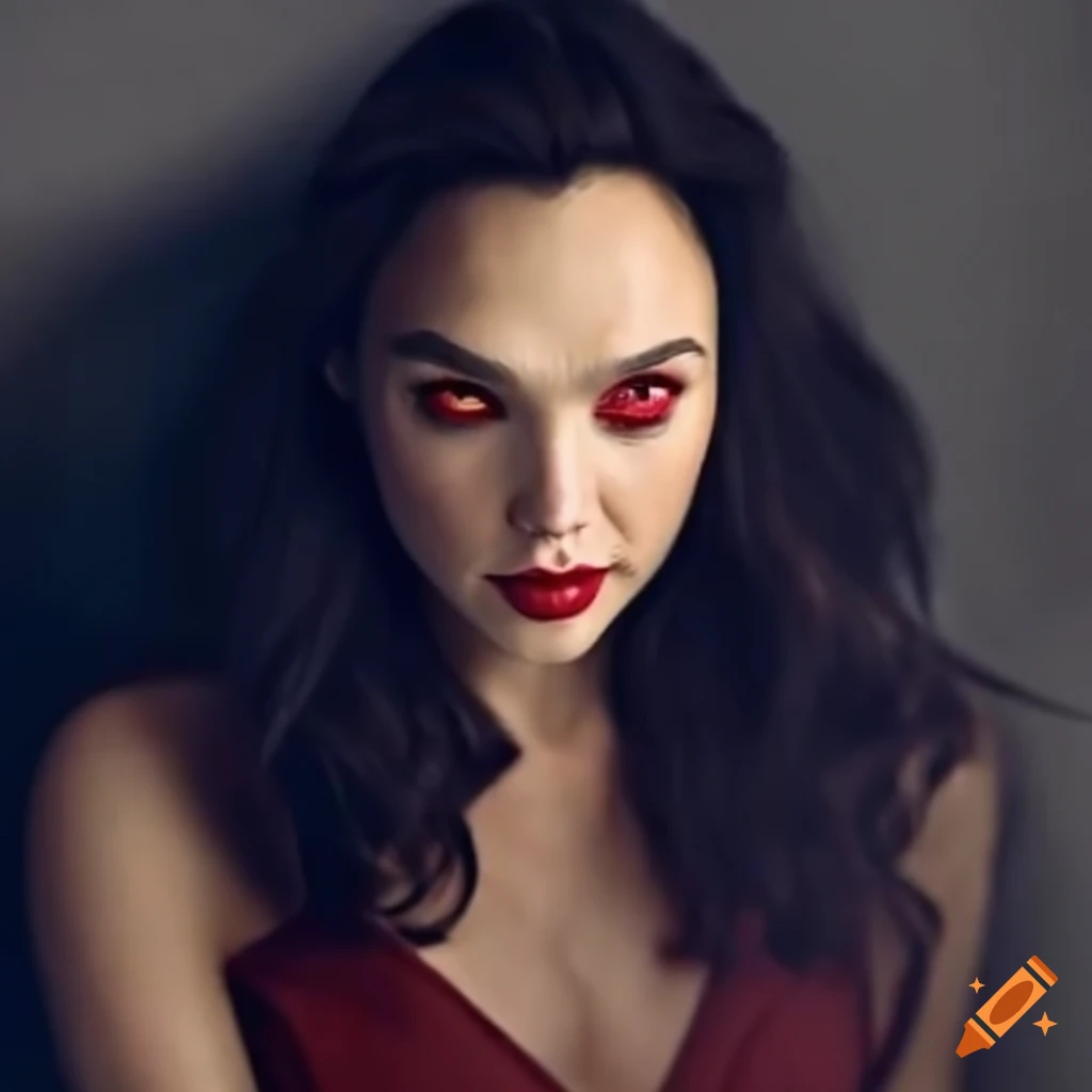 Gal gadot portraying a vampire with red eyes on Craiyon
