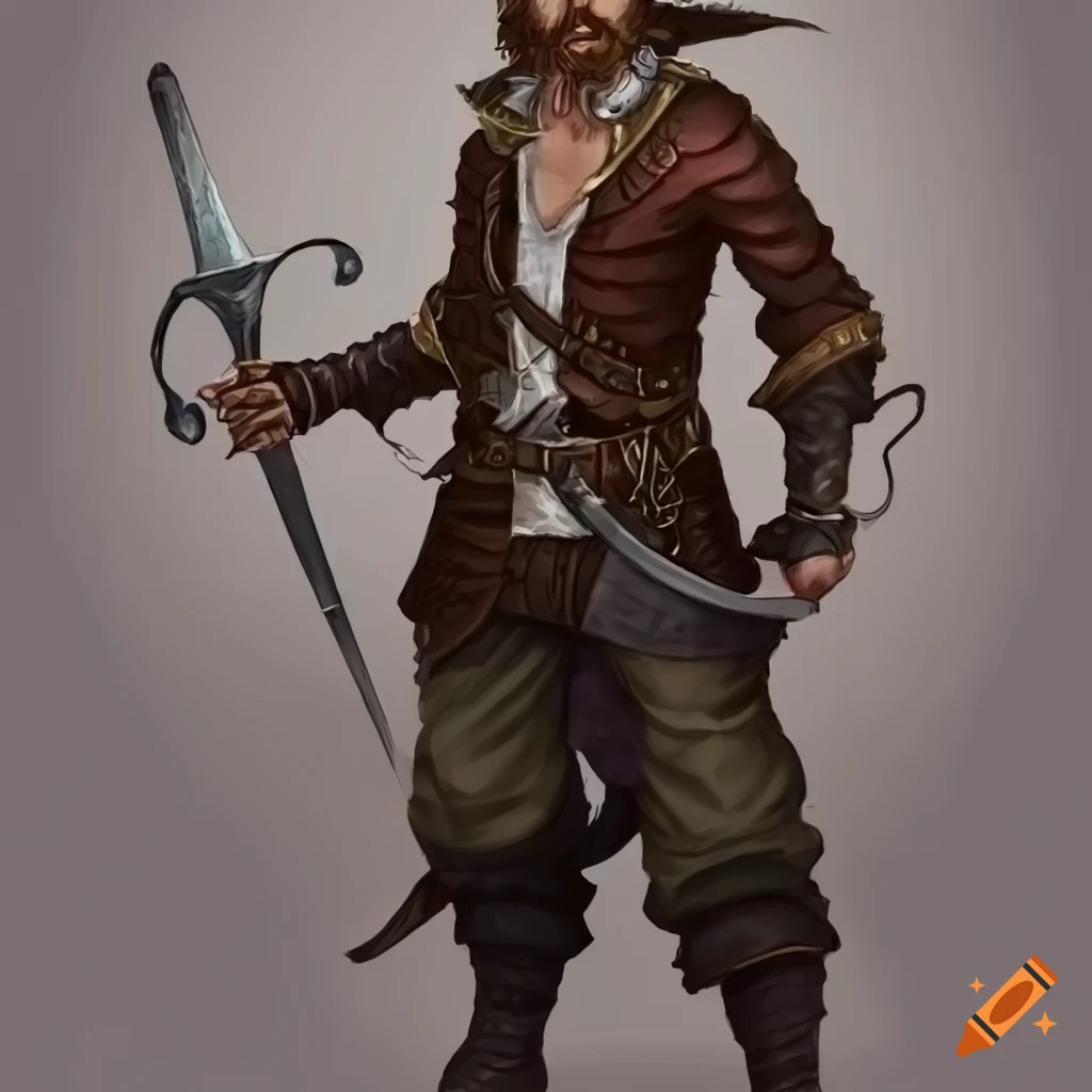 Half elf swashbuckler with a beard holding a rapier on Craiyon