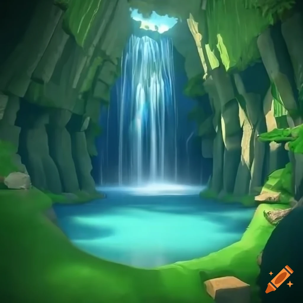Serene underground oasis with a shimmering waterfall, zelda inspired on ...
