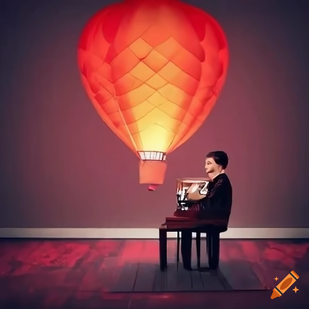 Man sitting at a piano looking at a red hot air balloon on Craiyon
