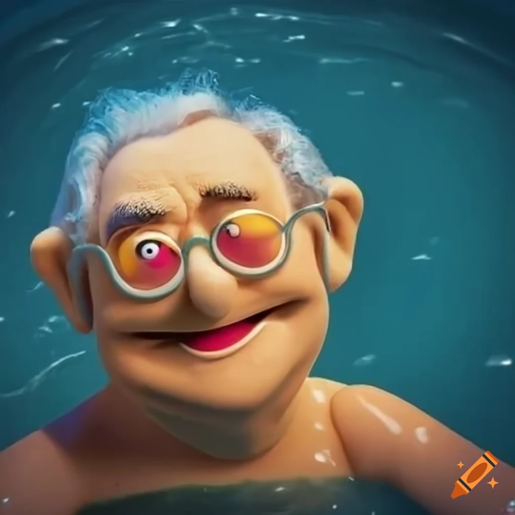 Statler muppet character swimming in a pool of butter on Craiyon