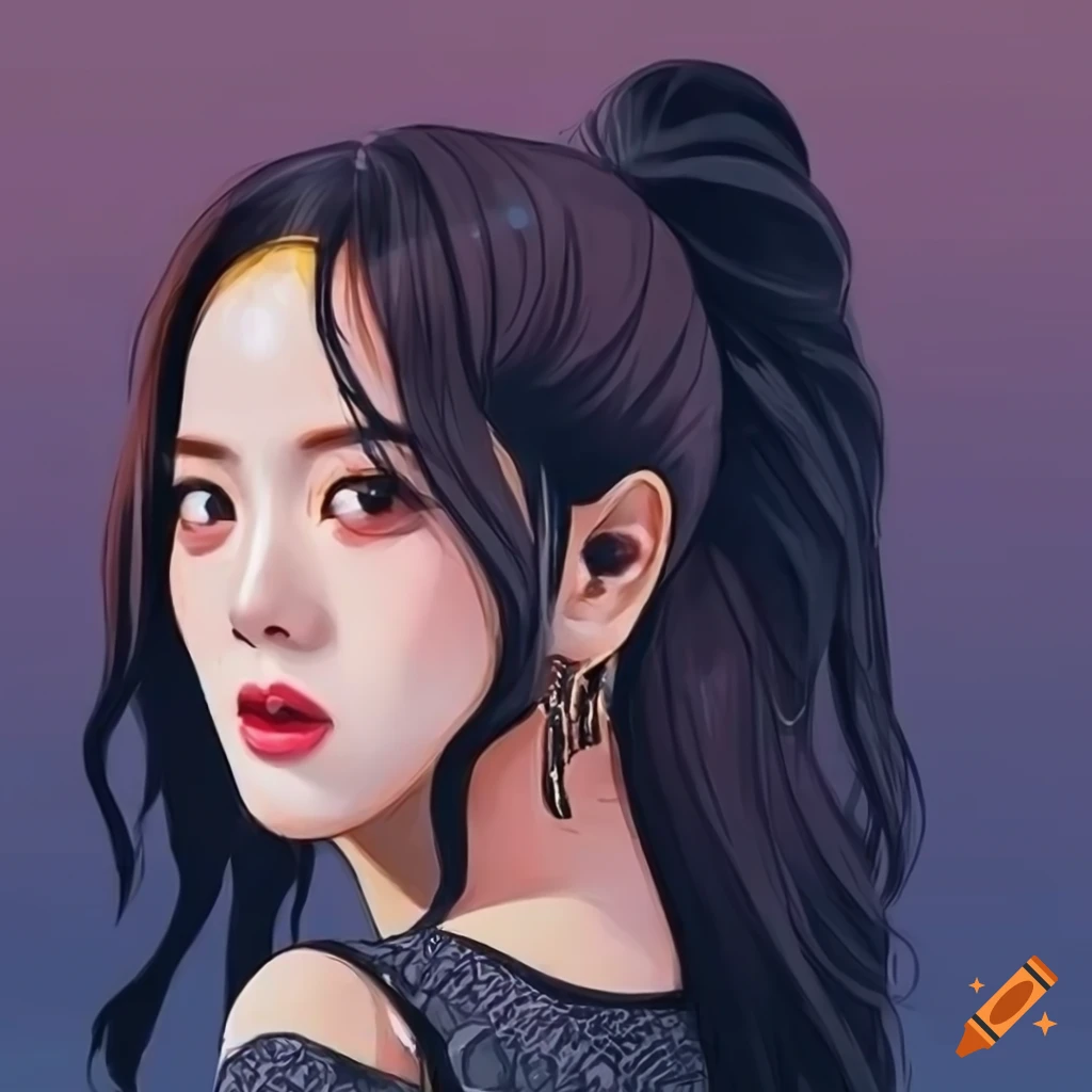 Cartoon image of blackpink jisoo with dark hair on Craiyon