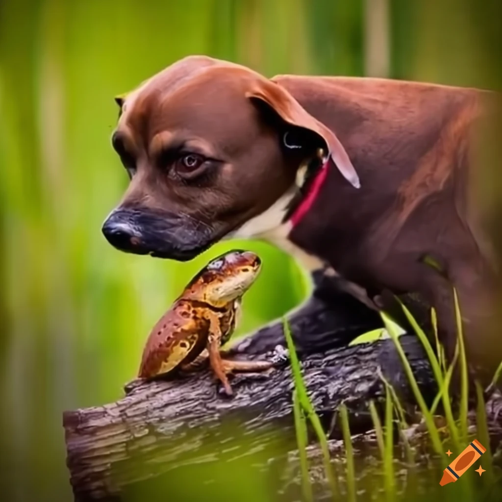 Dog kissing a frog on a log in a bog with a hog on Craiyon