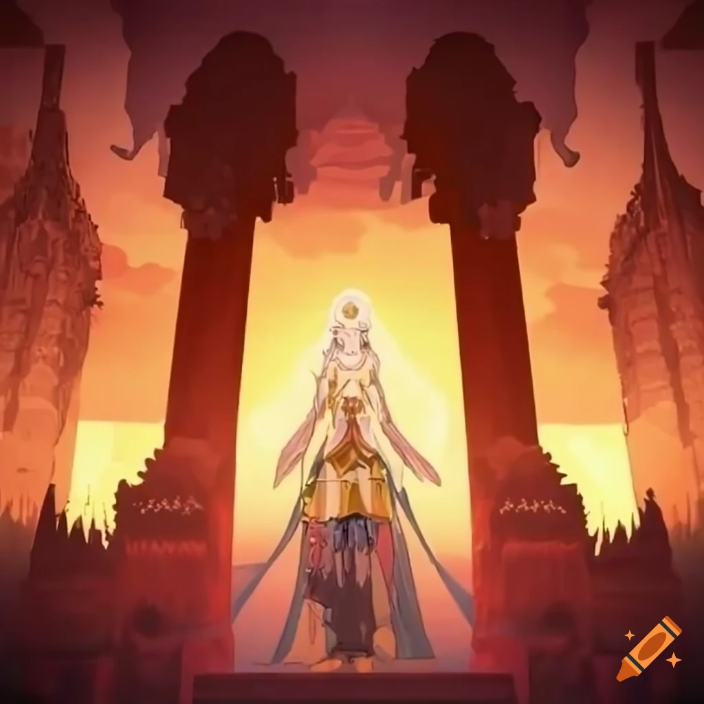 Animation of gods and goddesses at the grand temple entrance in anime ...