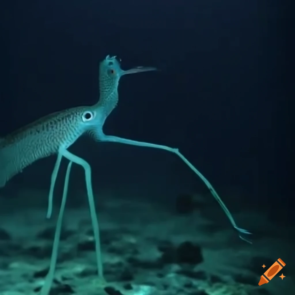 Long-legged creatures wading through the ocean at night on Craiyon