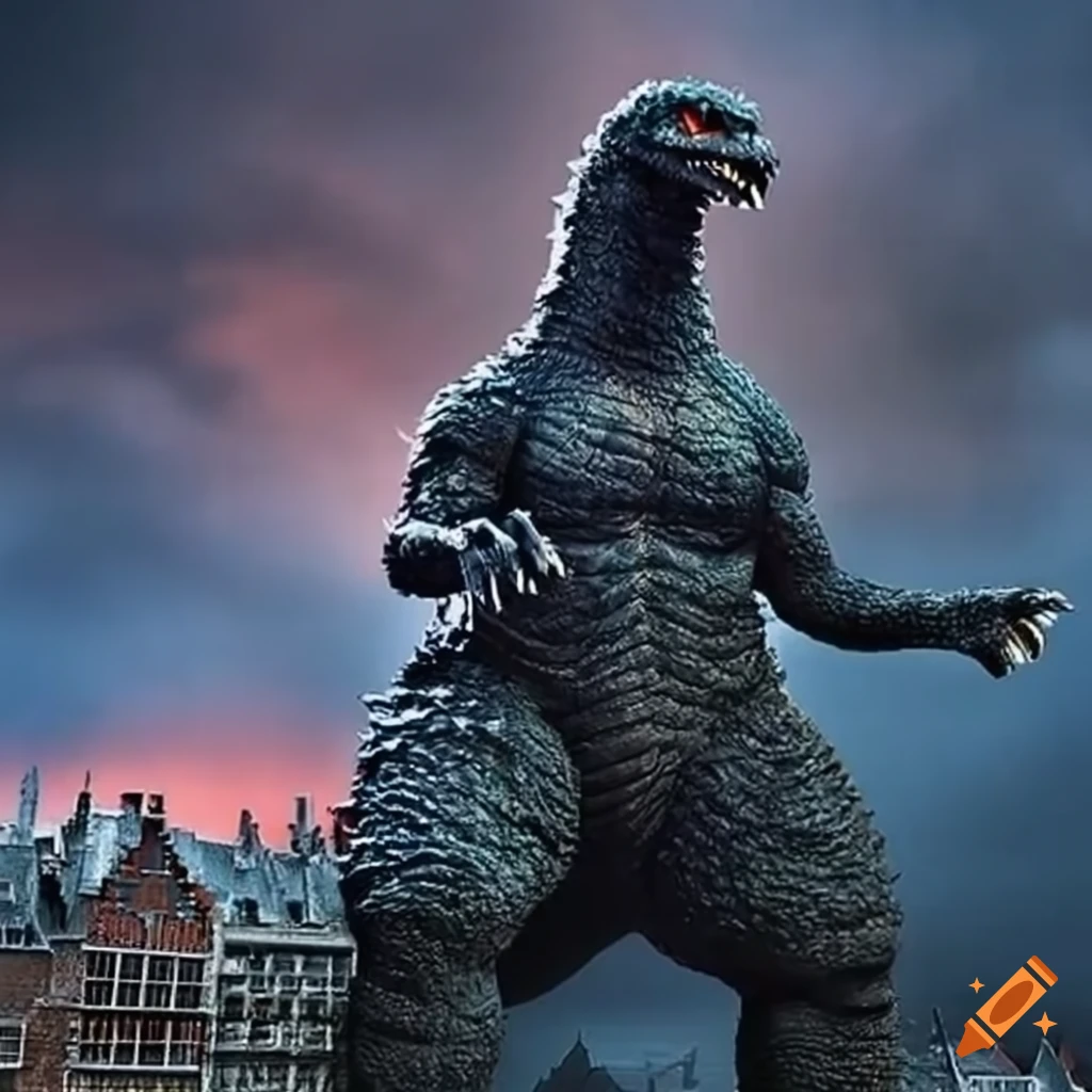 Giant monster godzilla rampaging through the city of mons, belgium on ...
