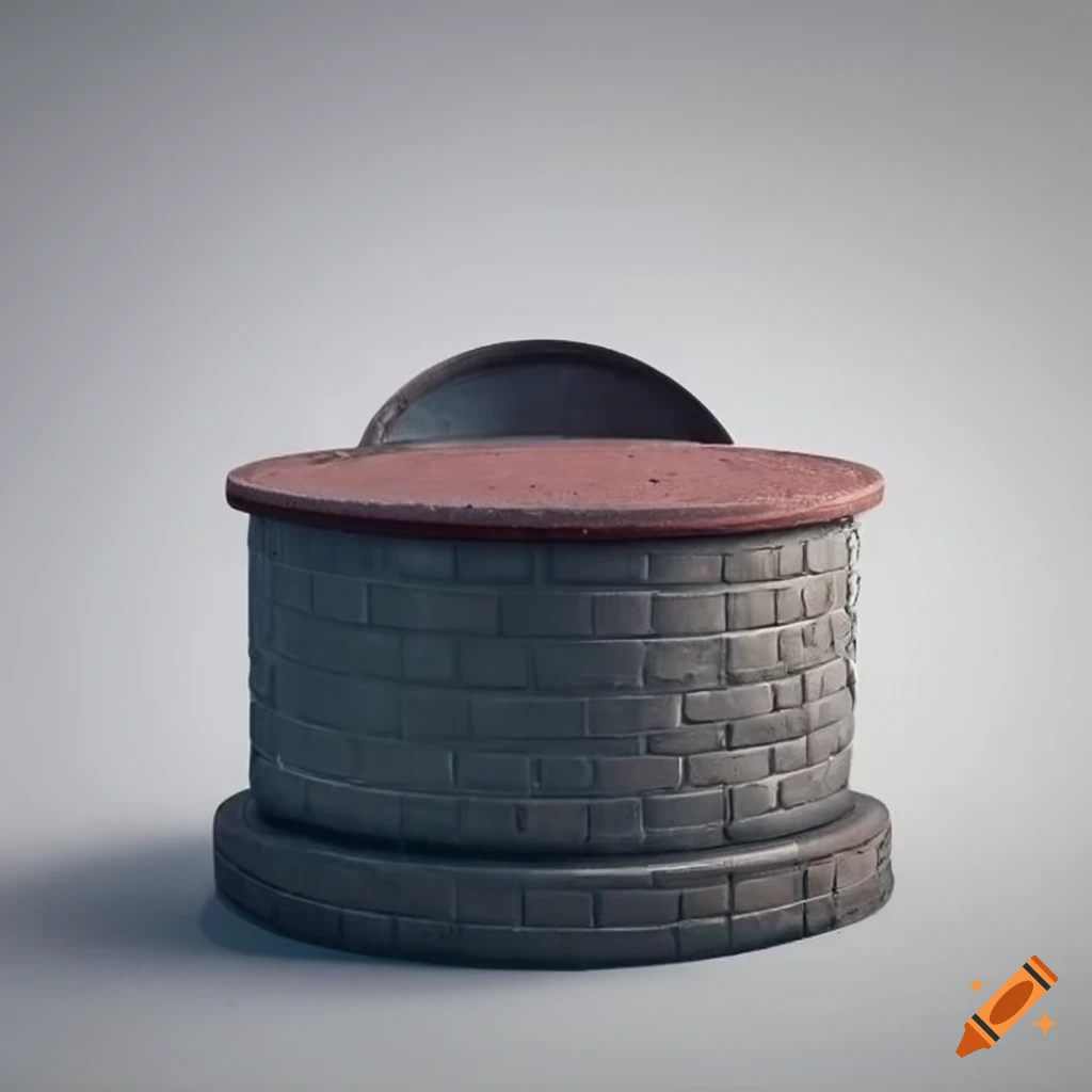 Grey brick well covered by a thick metal circular lid on Craiyon