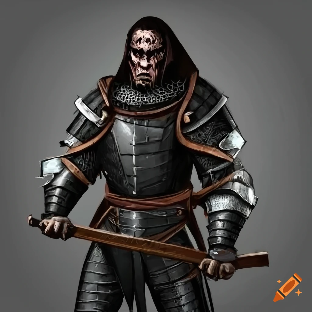 Fantasy thug in black leather armor with a mace and crossbow on Craiyon