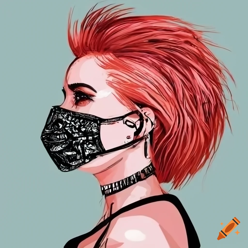 Side profile of punk girl with red hair wearing a black face mask on ...