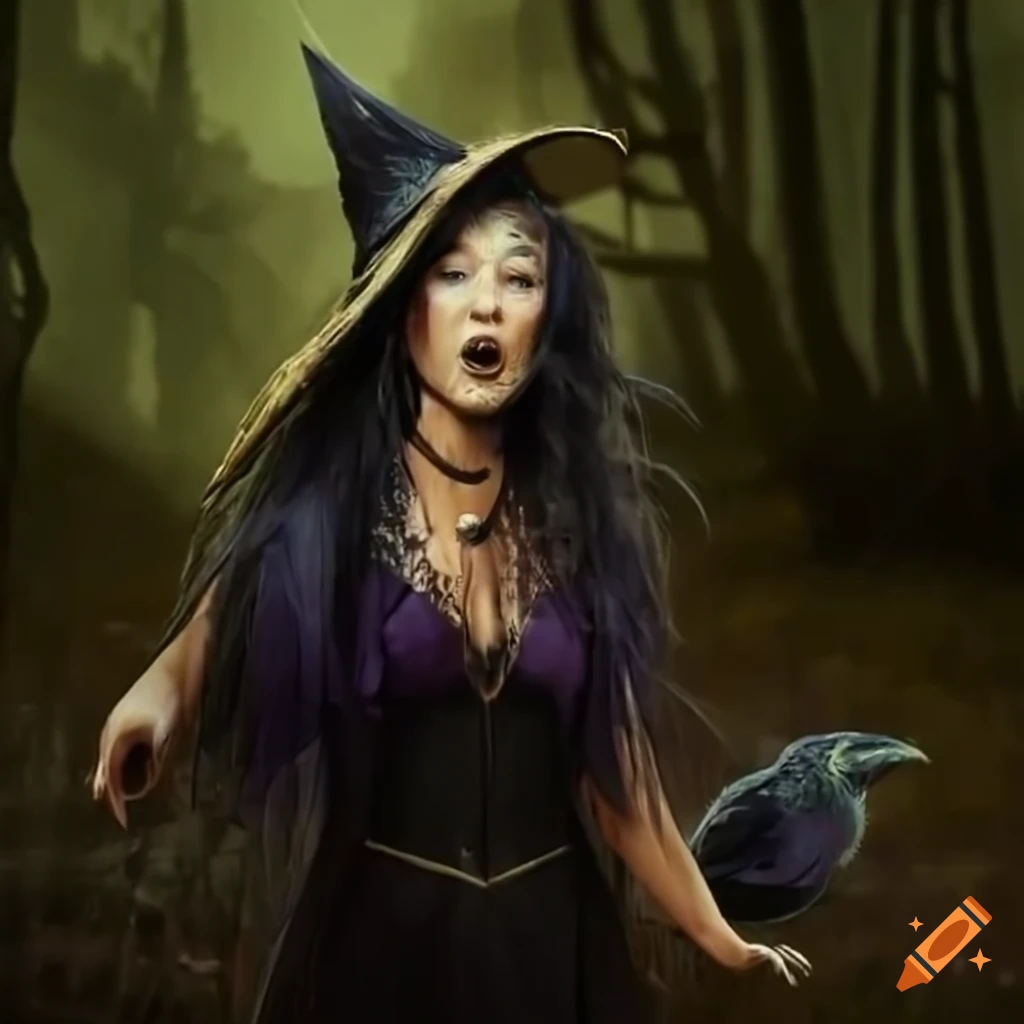 Witch singing to her raven companion in the woods on Craiyon