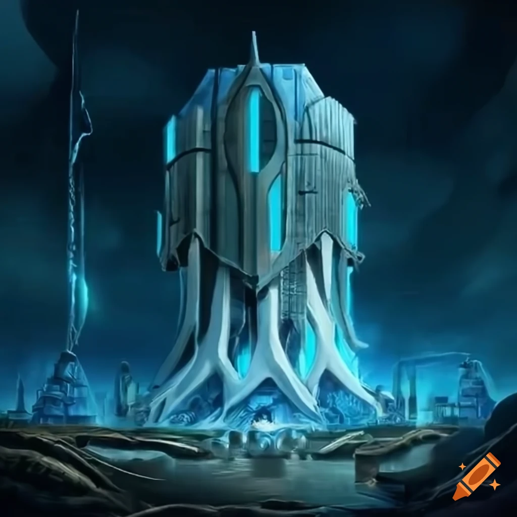 Protoss biomechanical architecture in a modern lunar building on Craiyon