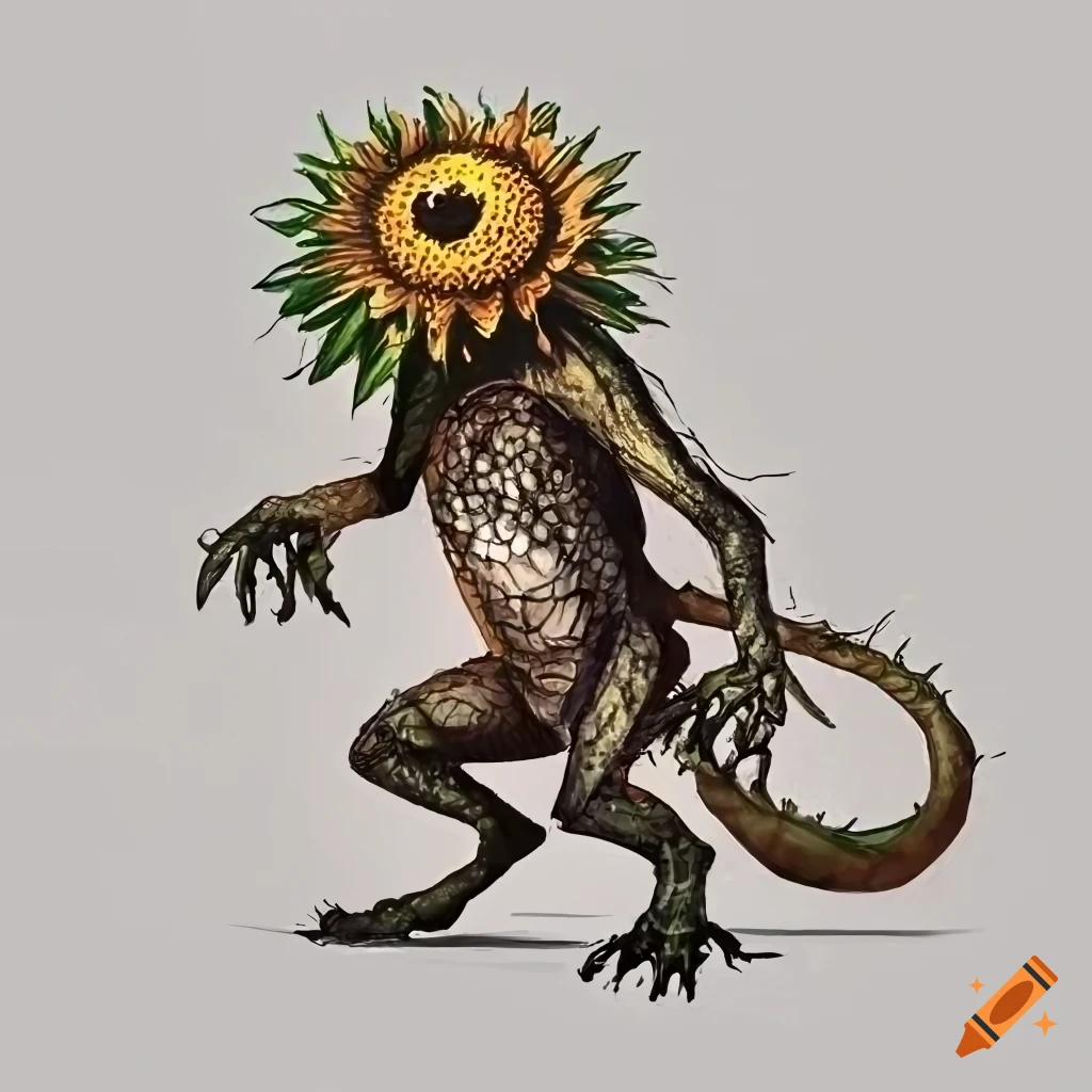 Adorable dancing monster with sunflower head and scaly skin in warm ...